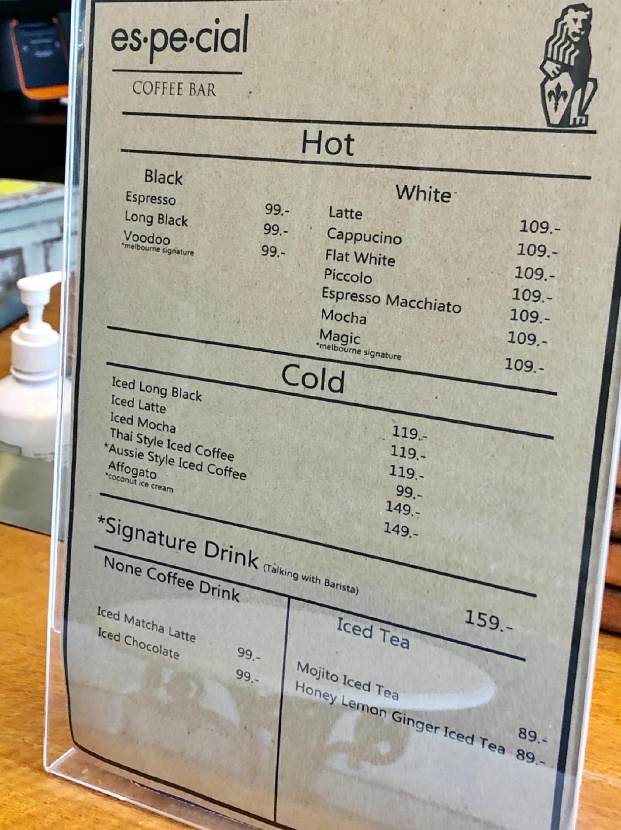 Menu at es•pe•cial Coffee Bar, Chiang Mai