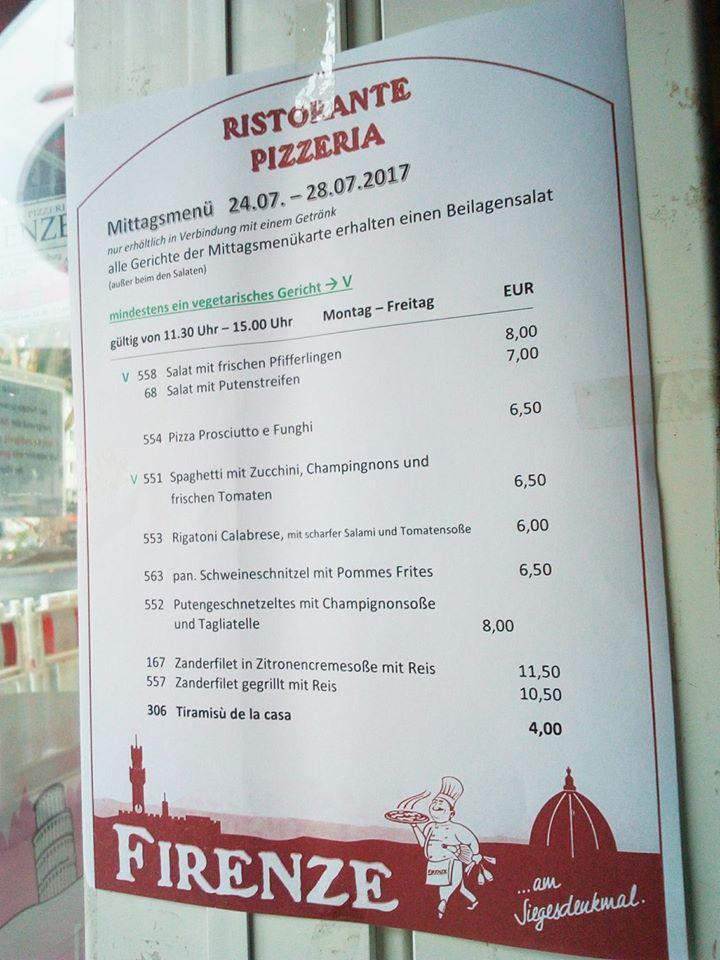Menu at Firenze pizzeria, Freiburg
