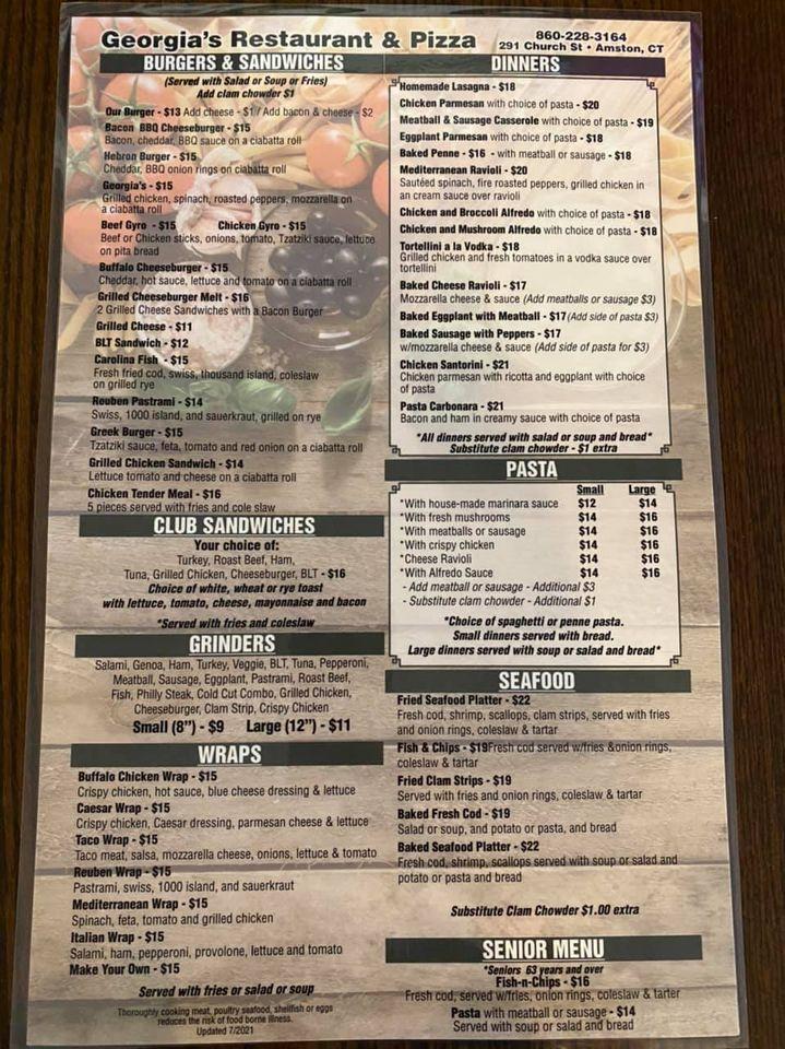 Menu at Georgia's Restaurant & Pizza, LLC, Hebron