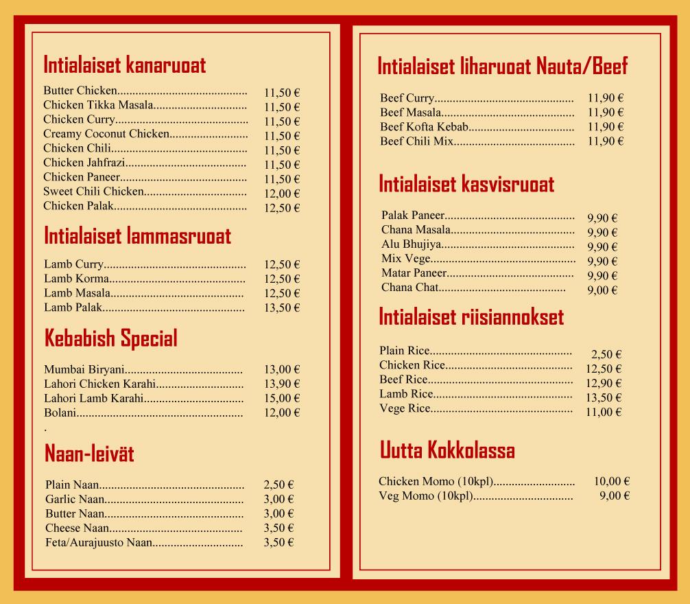Menu at Kebabish Indian Masala restaurant, Kokkola