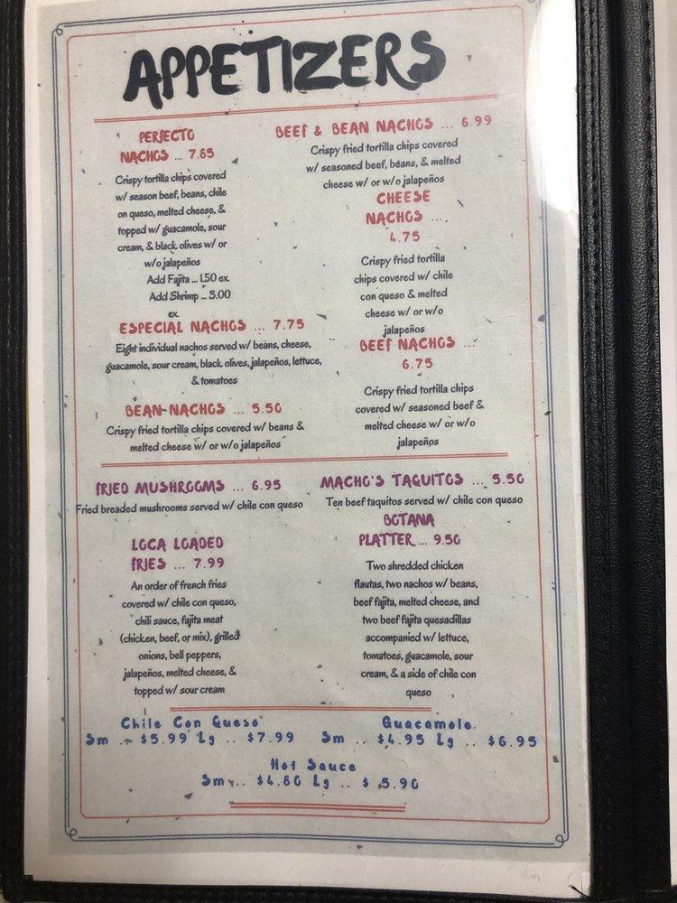 Menu at Macho's Mexican Restaurant, Winnie