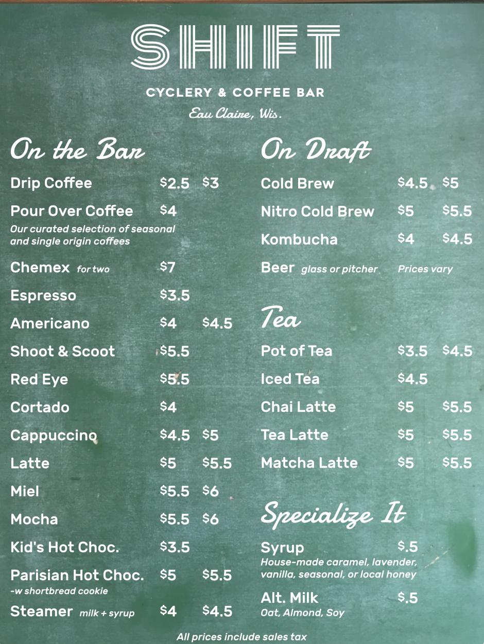 Menu at SHIFT Cyclery & Coffee Bar, Eau Claire
