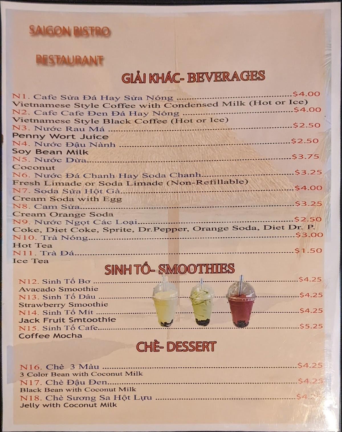Menu at Saigon Bistro restaurant, Wichita, E Pawnee St
