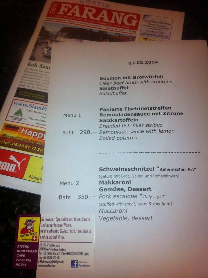 Menu at Swiss Food Restaurant and Hotel, Pattaya City