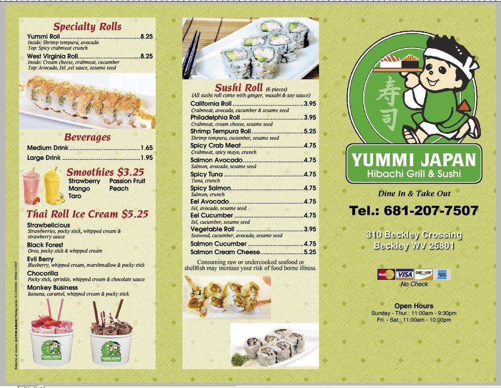 Menu at Yummi Japan restaurant, Beckley