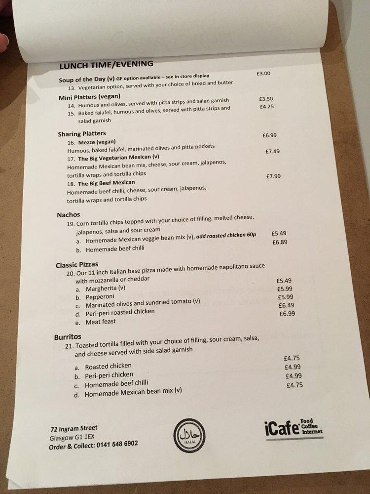 Menu at iCafe Merchant City, Glasgow, 70-72 Ingram St