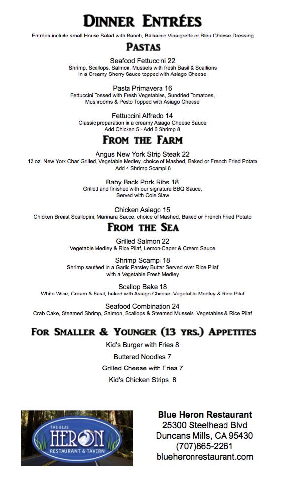 Carta de Blue Heron Restaurant and Tavern, Duncans Mills, Steelhead Blvd