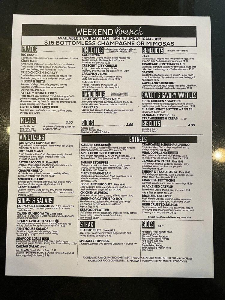 Menu at Copeland's of New Orleans steakhouse, Houma