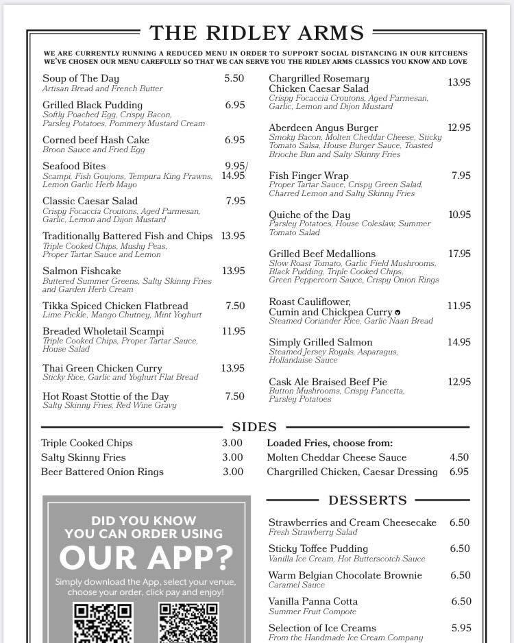 Menu at The Ridley Arms restaurant, Stannington