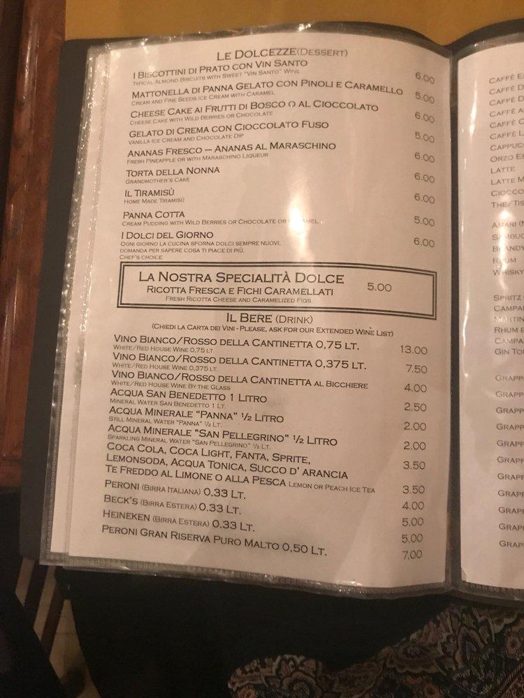 Carta del pub y bar La Cantinetta, Florencia, Borgo San Lorenzo 14r