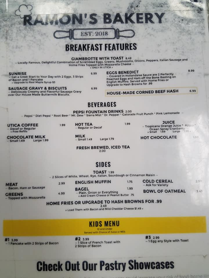 Menu at Ramon’s Bakery, Utica