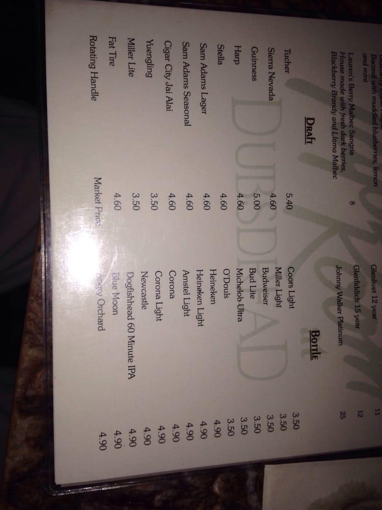 Menu at The Tap Room at Dubsdread restaurant, Orlando