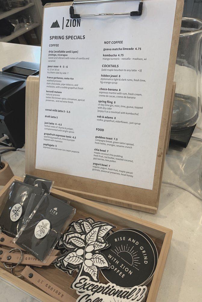 Menu at Zion Coffee Bar, Peoria