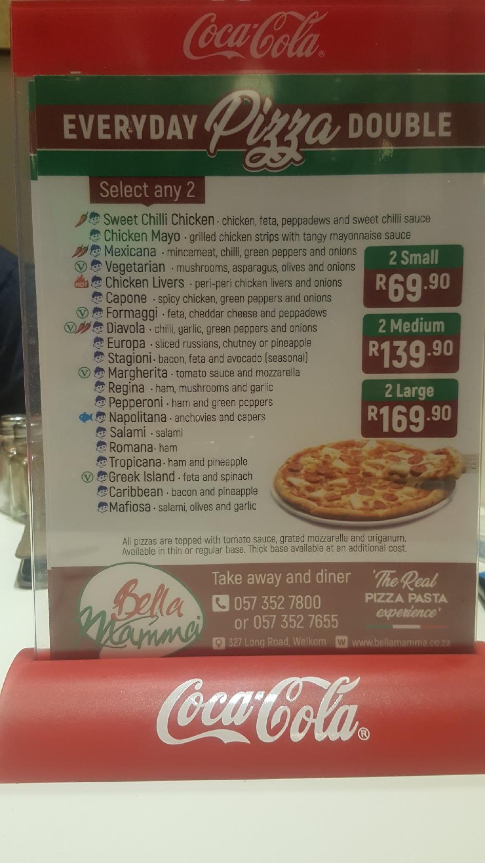Menu at Bella Mamma restaurant, Welkom
