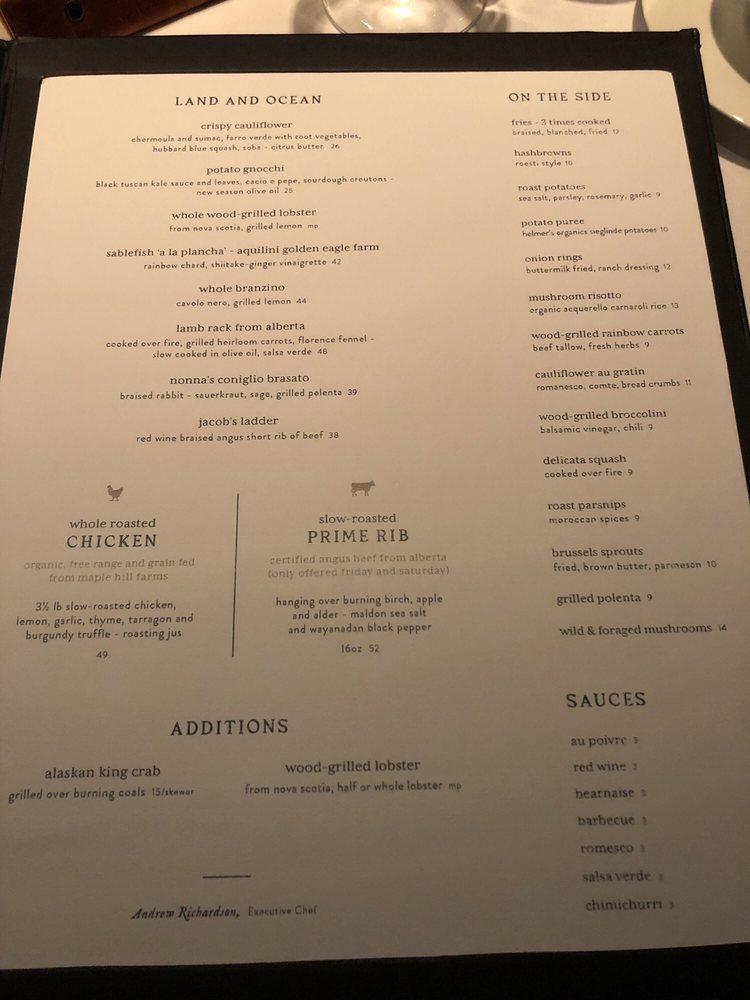 Menu at Elisa steakhouse, Vancouver