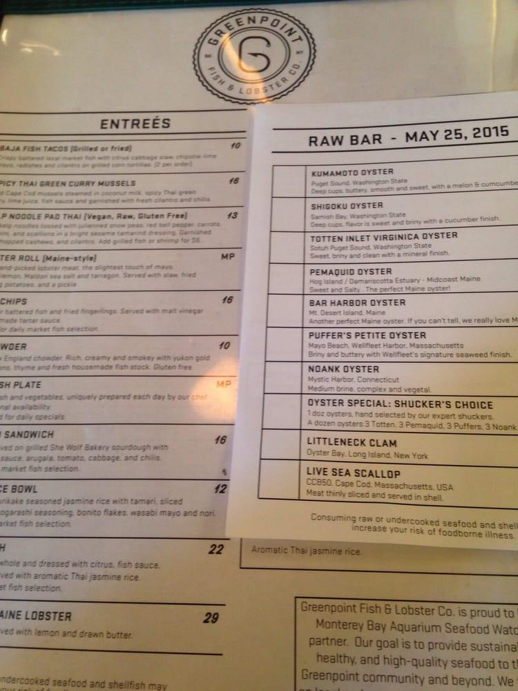 Menu at Greenpoint Fish & Lobster Co. restaurant, New York City