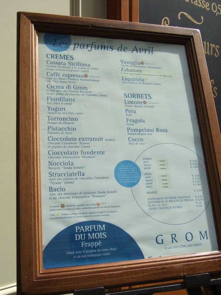 Menu at Grom Gelato restaurant, Paris, 81 Rue de Seine