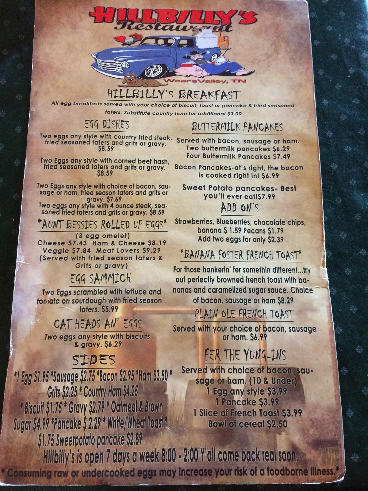 Menu at Hillbilly's Restaurant, Pigeon Forge, Wears Valley Rd