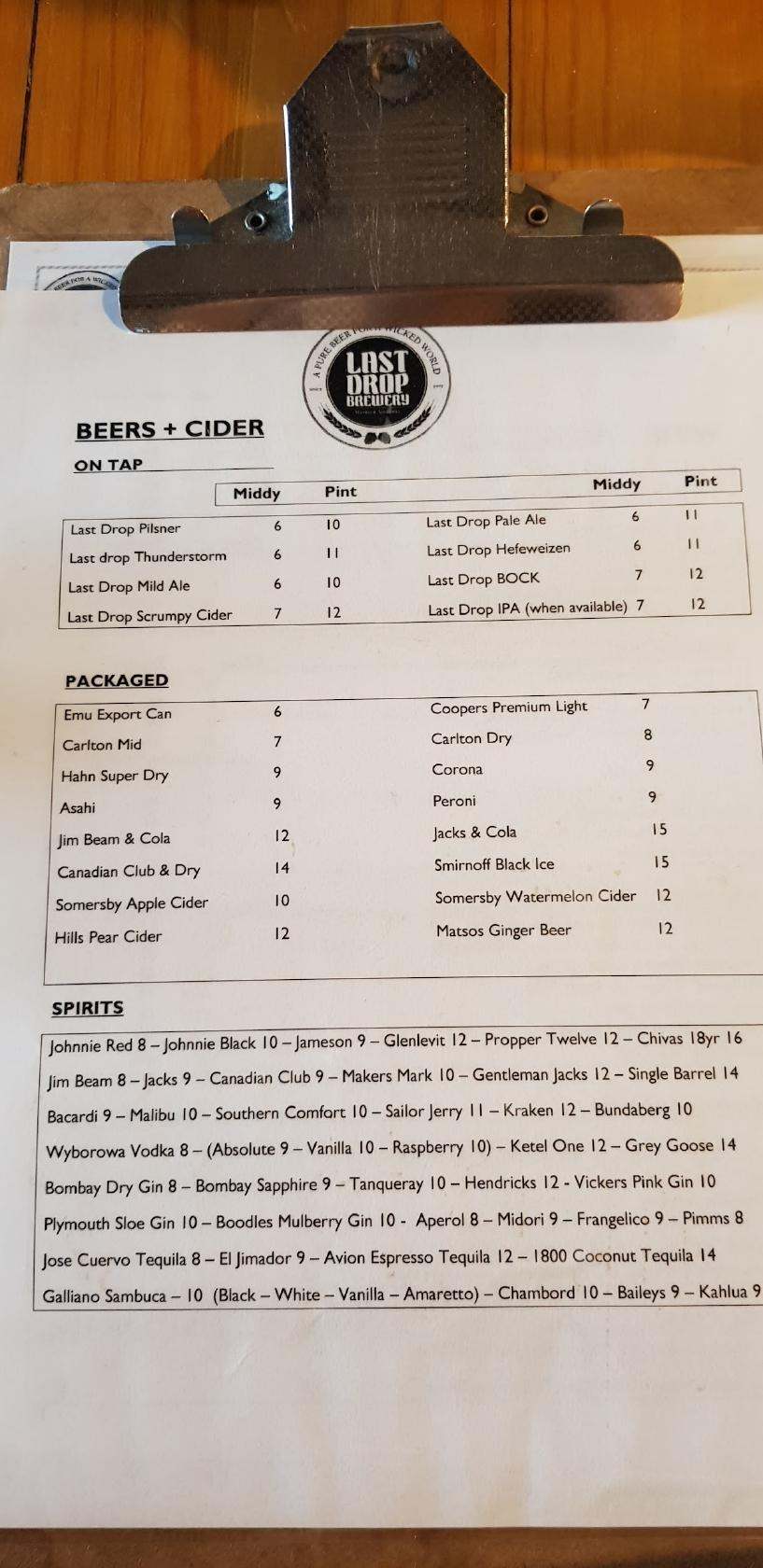 Menu at Last Drop Beeliar pub & bar, Beeliar