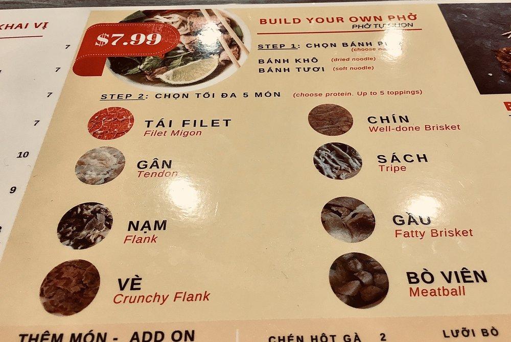 Menu at Pho Bucks restaurant, Santa Ana