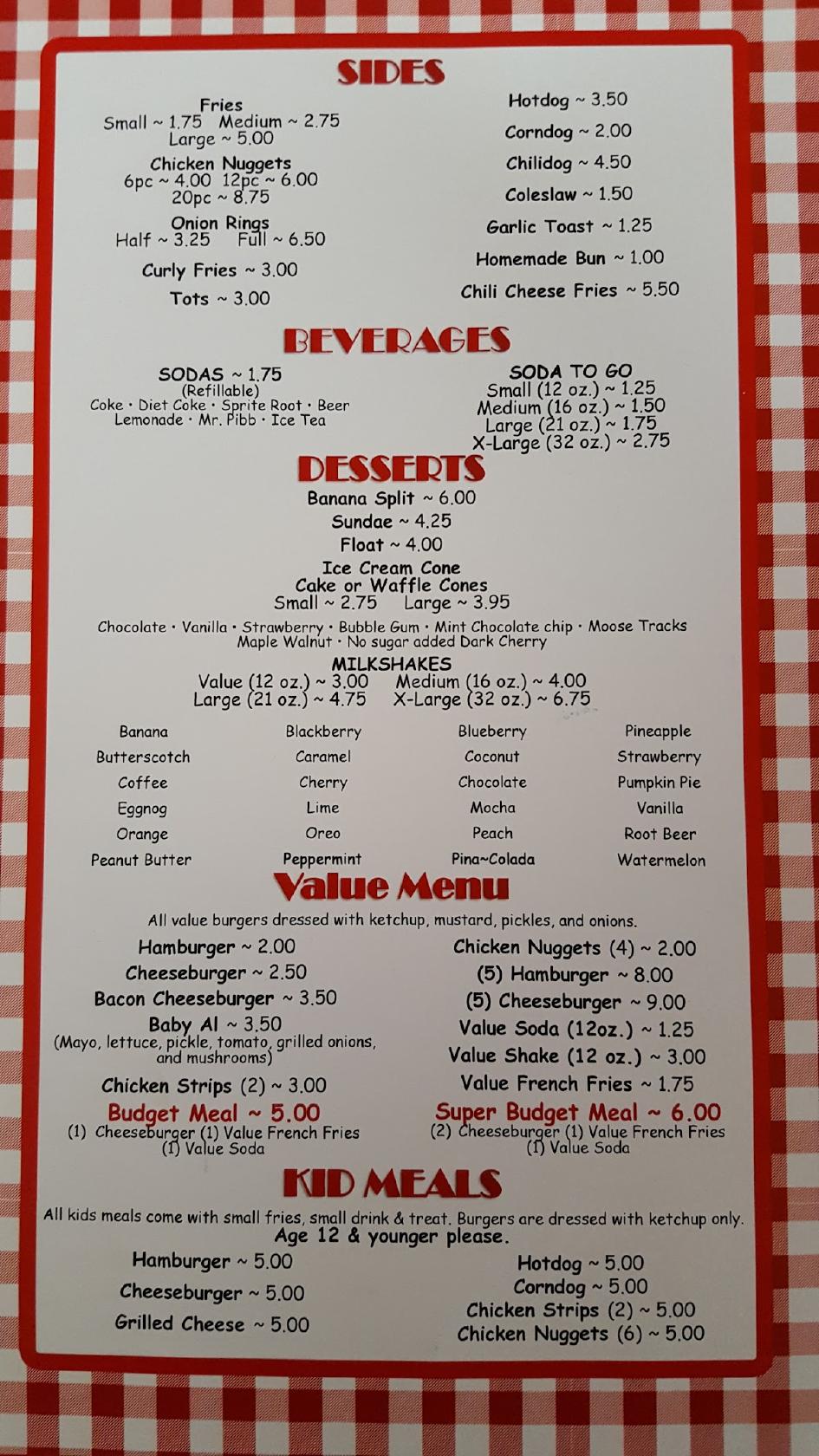 Menu at Poppa Al's Famous Hamburgers restaurant, Mill City