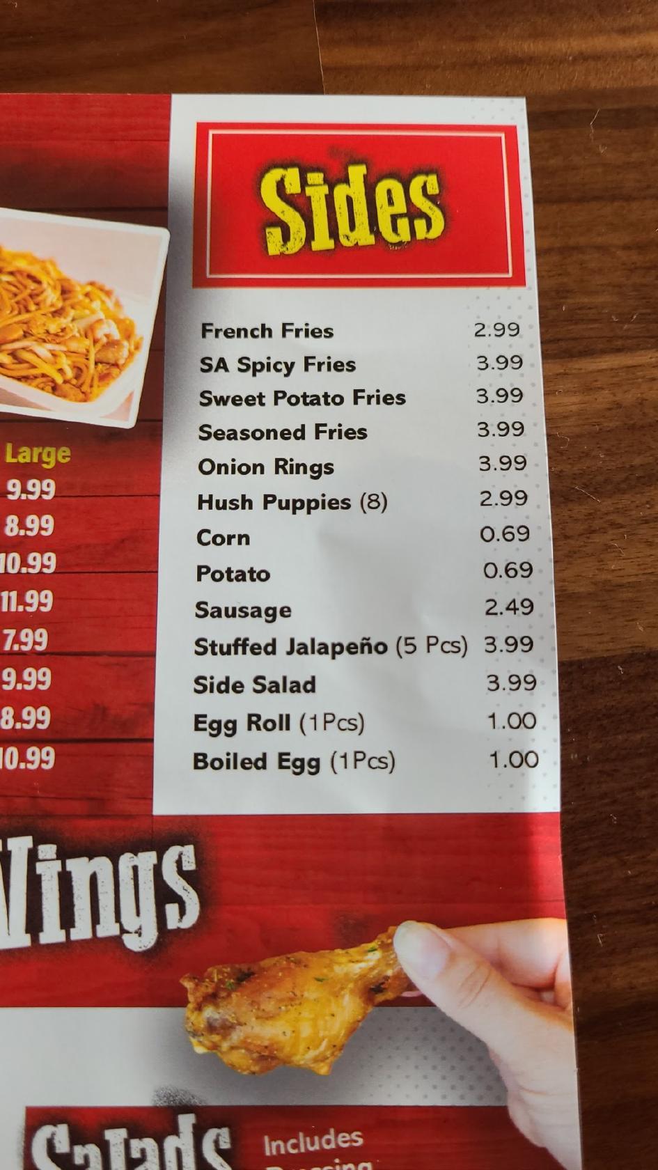 Menu at SA Seafood restaurant, San Antonio