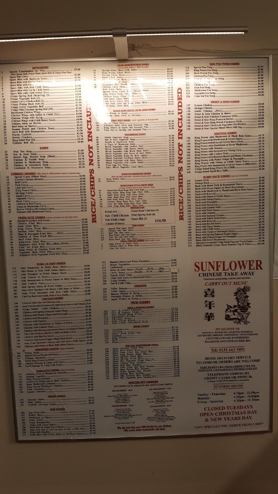 Menu at Sunflower fast food, Dalkeith, 2 Mayfield Rd