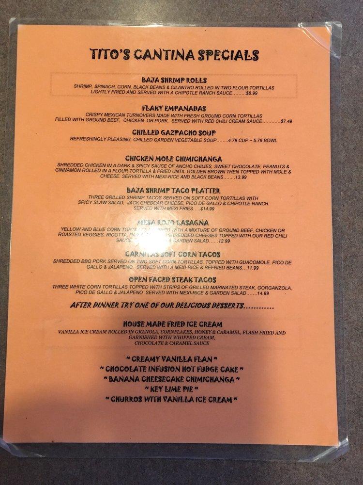 Menu at Tito's Cantina restaurant, Middletown
