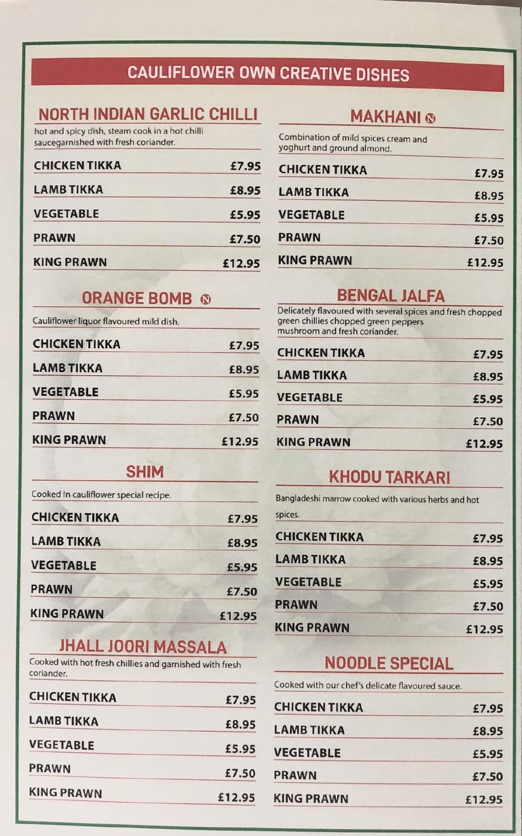 Menu at Cauliflower Exclusive Cuisine restaurant, Rainham