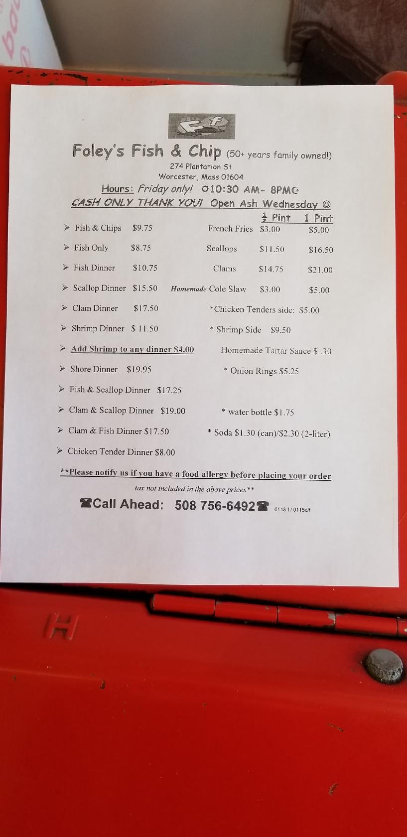 Menu at Foley & Son Fish and Chips restaurant, Worcester