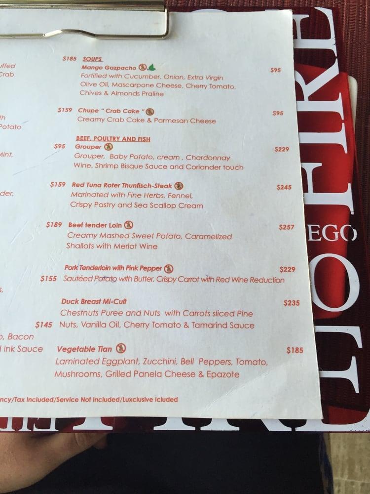 Menu at Fuego restaurant, Cancún