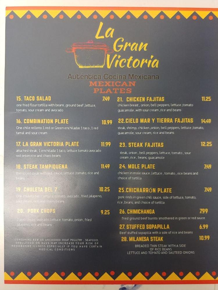 Menu at La Gran Victoria restaurant, Roswell