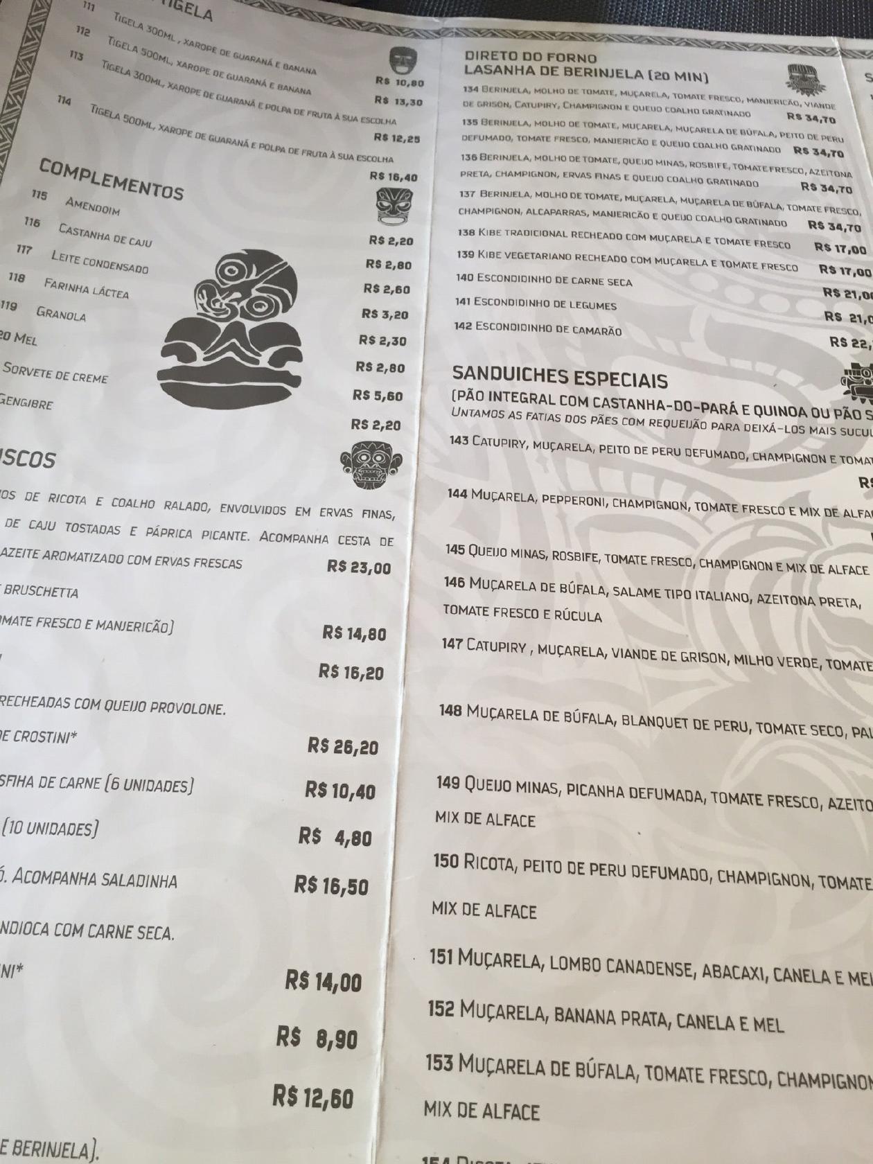Menu at Maori restaurant, Brasília