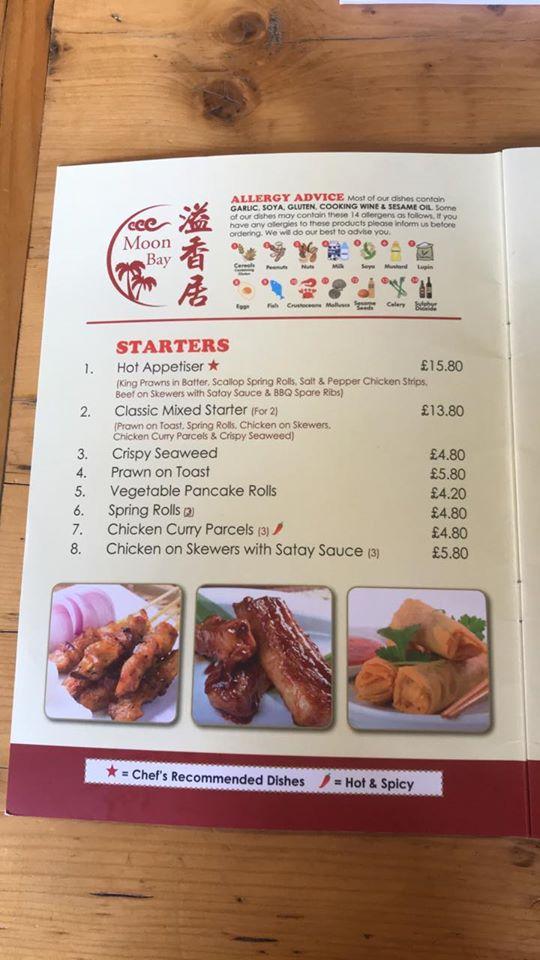 Menu at Moon Bay restaurant, Helston, Gweek
