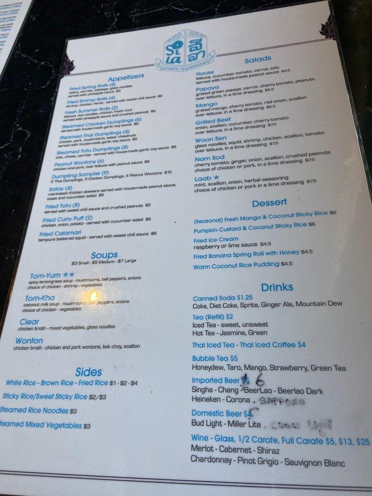 Menu at Sila Thai Restaurant, Rock Hill