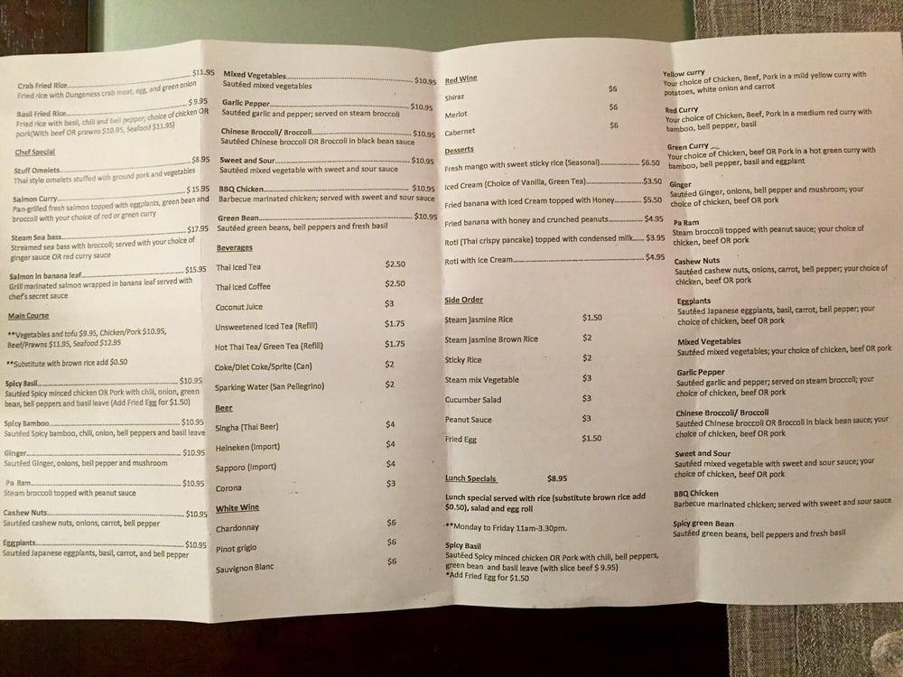 Menu at Vanda Thai restaurant, Walnut Creek
