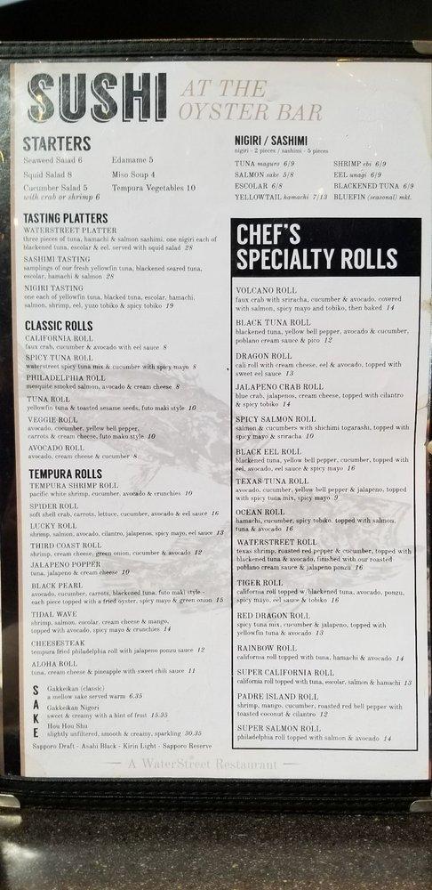 Menu at Water Street Oyster Bar, Corpus Christi