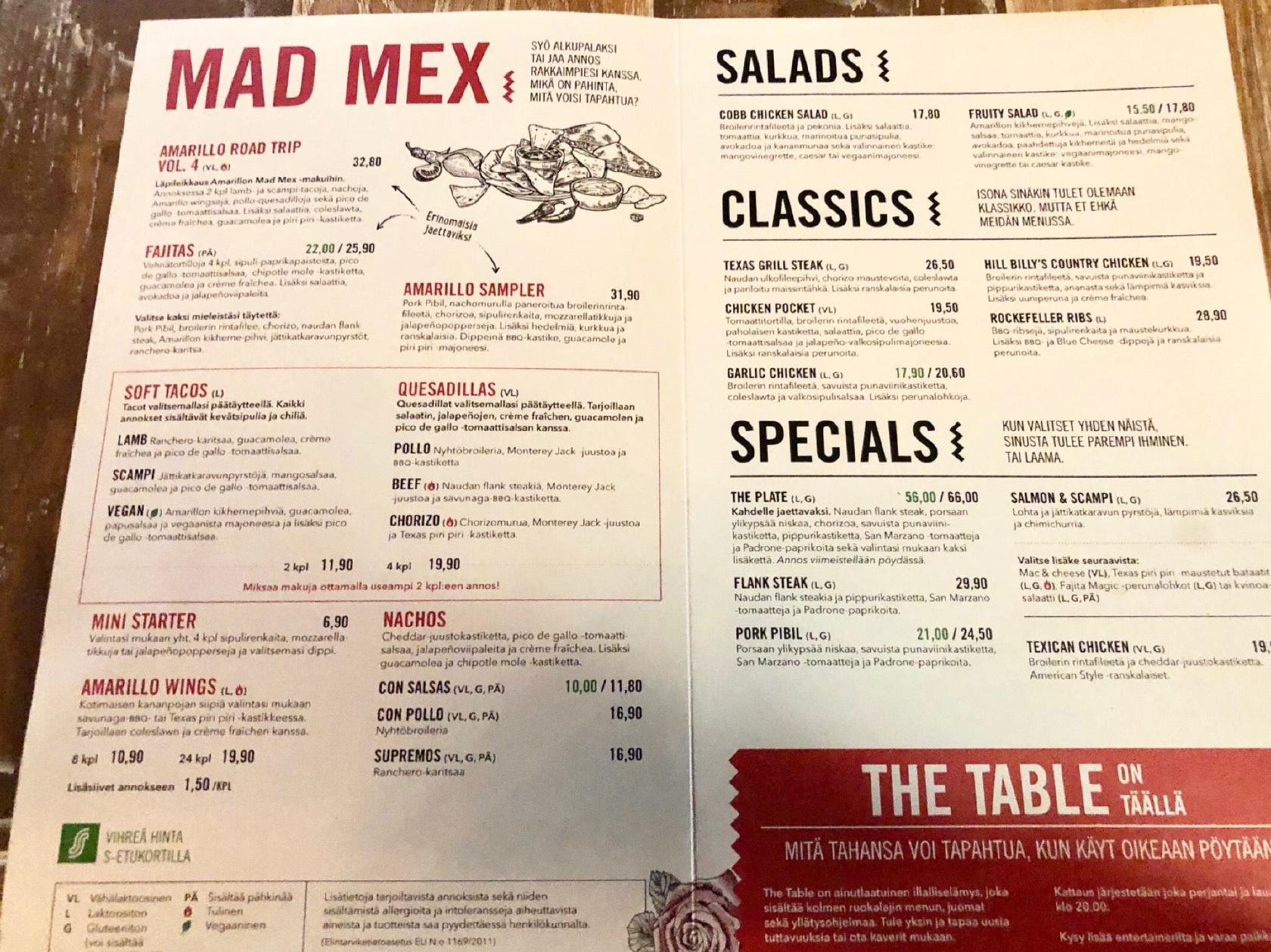 Menu at Amarillo, Helsinki restaurant, Helsinki, Aleksanterinkatu 46