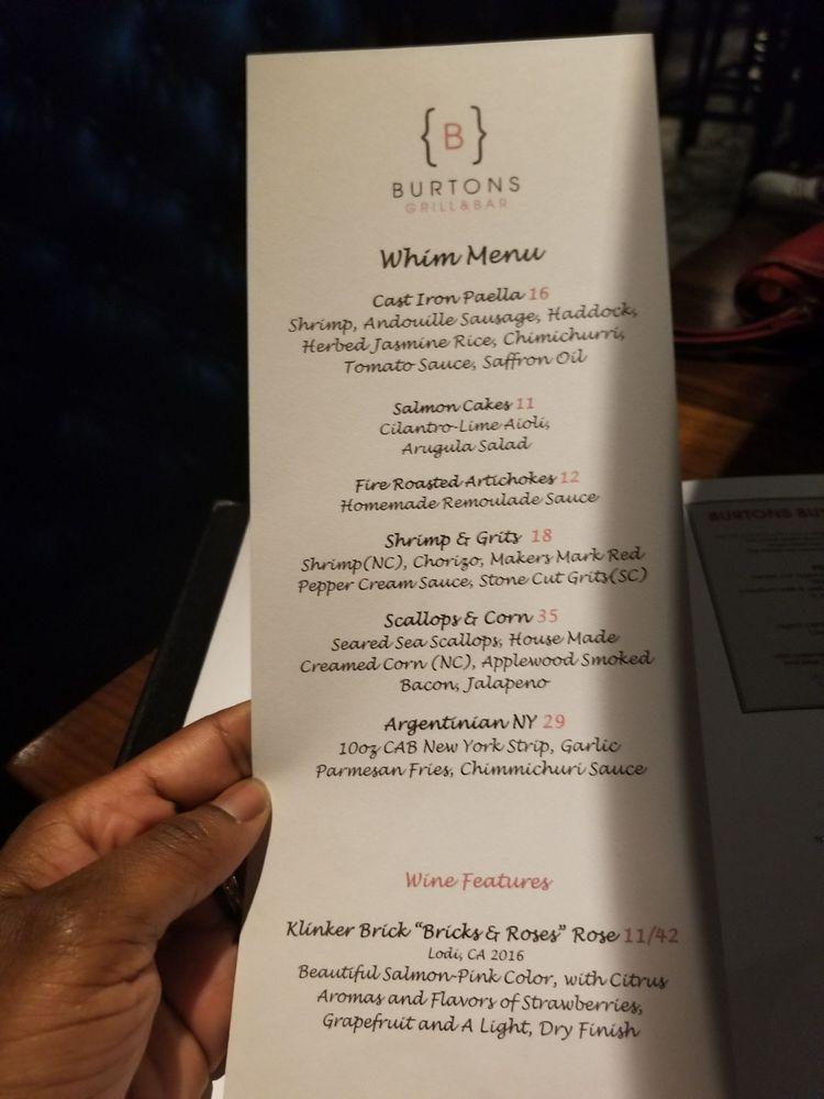 Menu at Burtons Grill & Bar, Charlotte