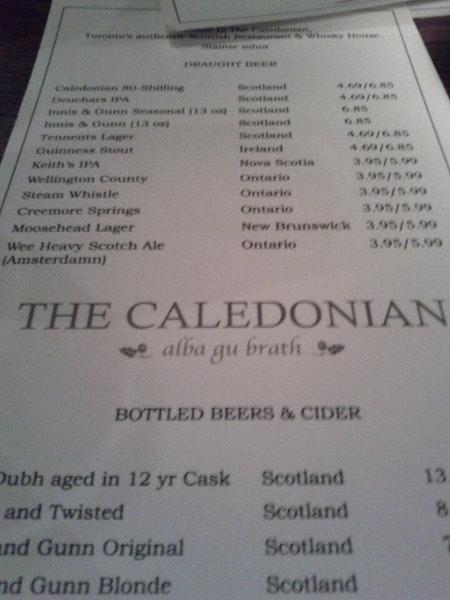 Menu at The Caledonian pub & bar, Toronto