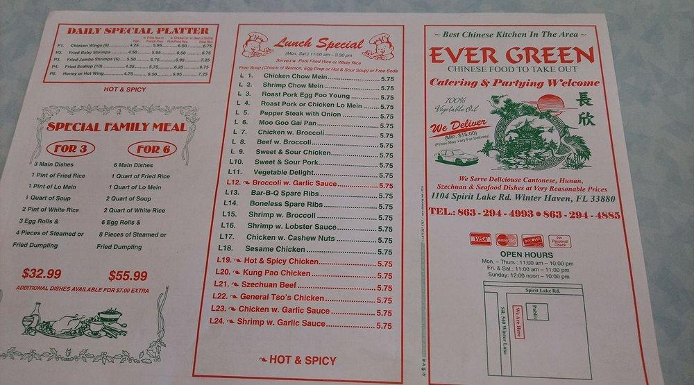Menu at Evergreen restaurant, Winter Haven, Spirit Lake Rd