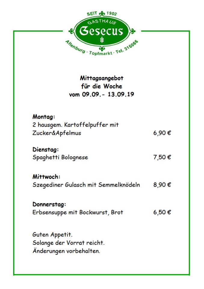 Menu at Gasthaus Gesecus restaurant, Altenburg, Topfmarkt 2