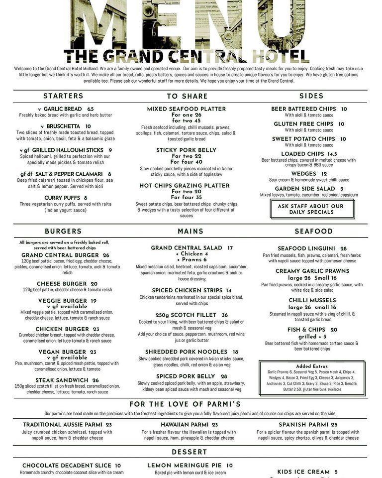 Menu at Grand Central Hotel pub & bar, Midland