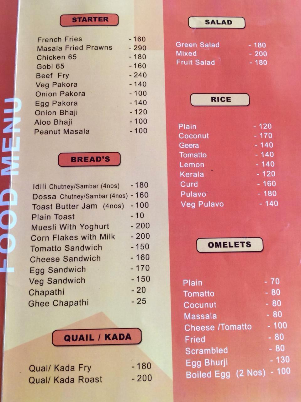 Menu at Lake Paradise Restaurant, Alappuzha