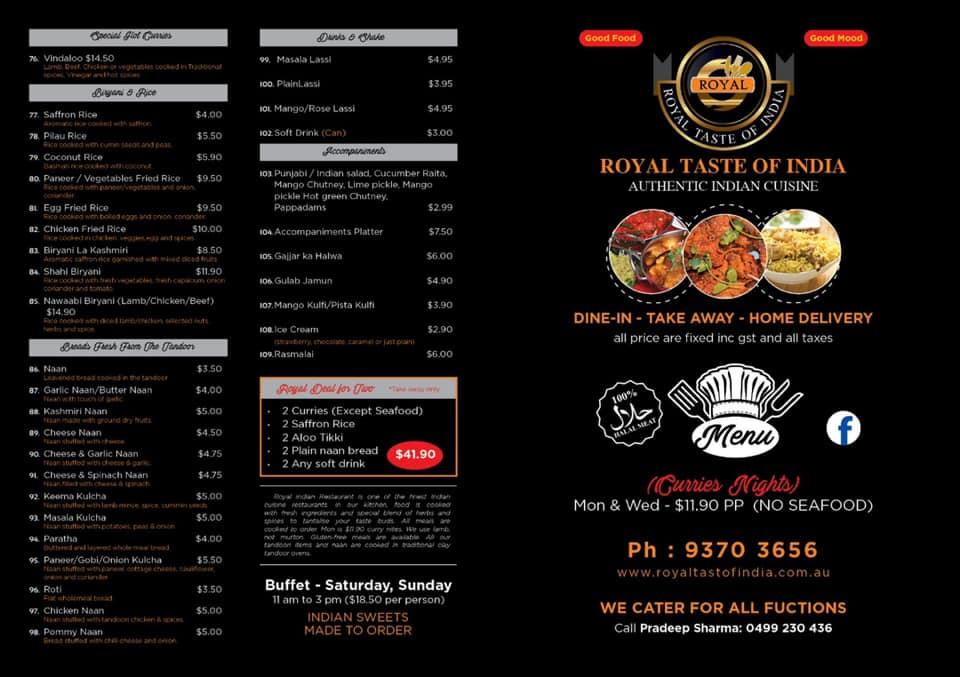 Menu at Royal Taste of India restaurant, Moonee Ponds