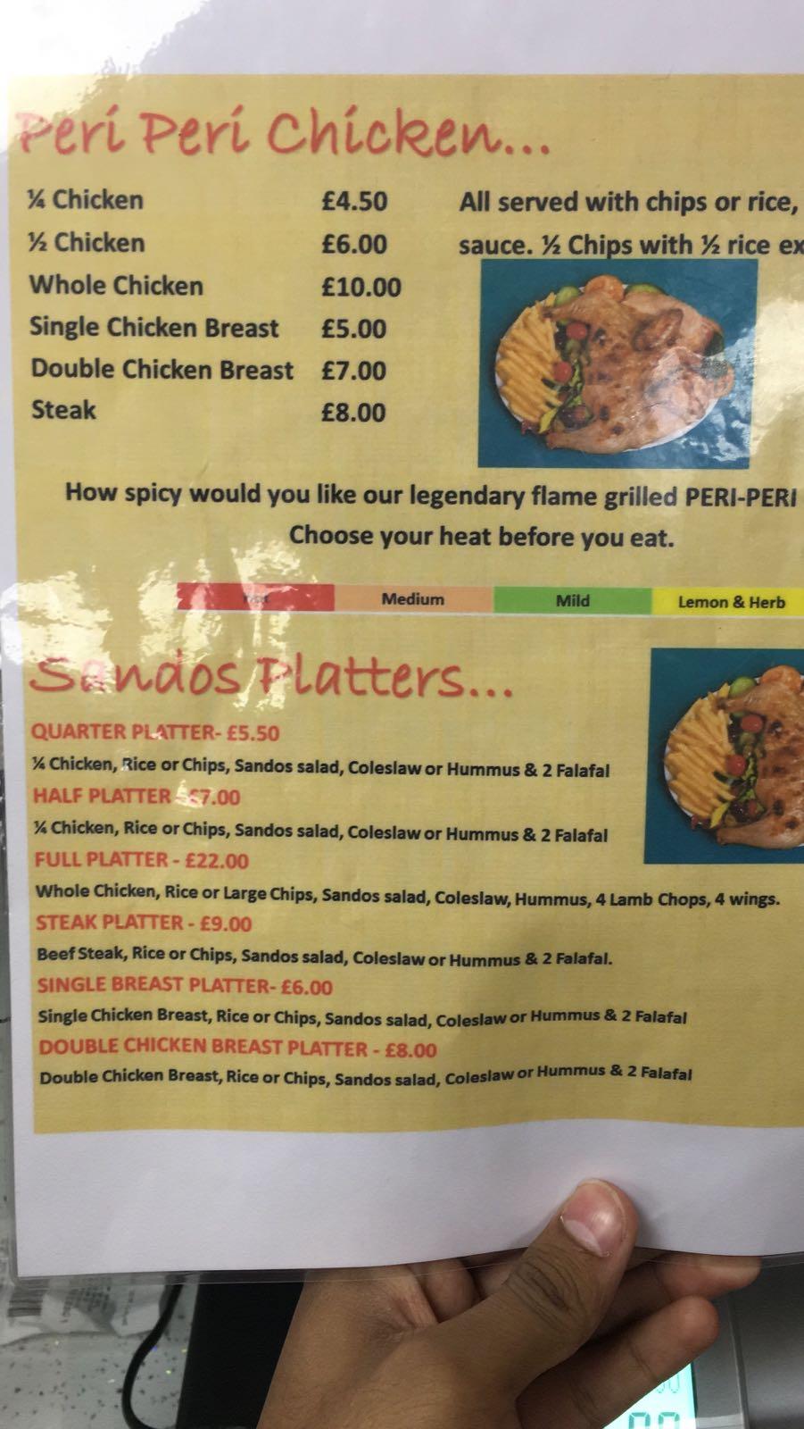 Menu at Sandos fast food, Preston