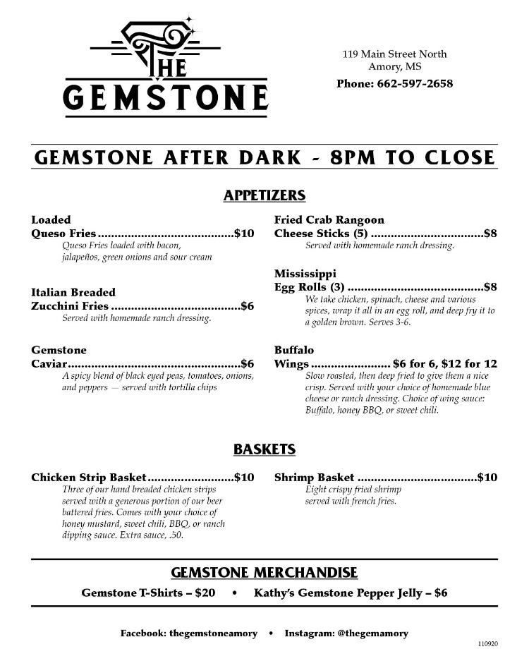 Menu at The Gemstone restaurant, Amory