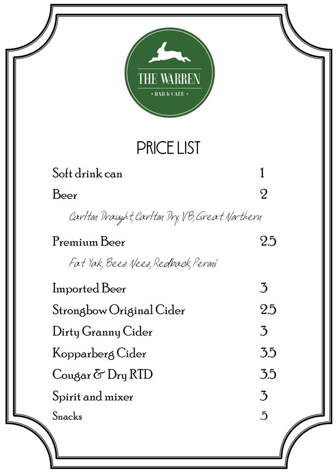 Menu at The Warren cafe, Acton, 152 University Ave
