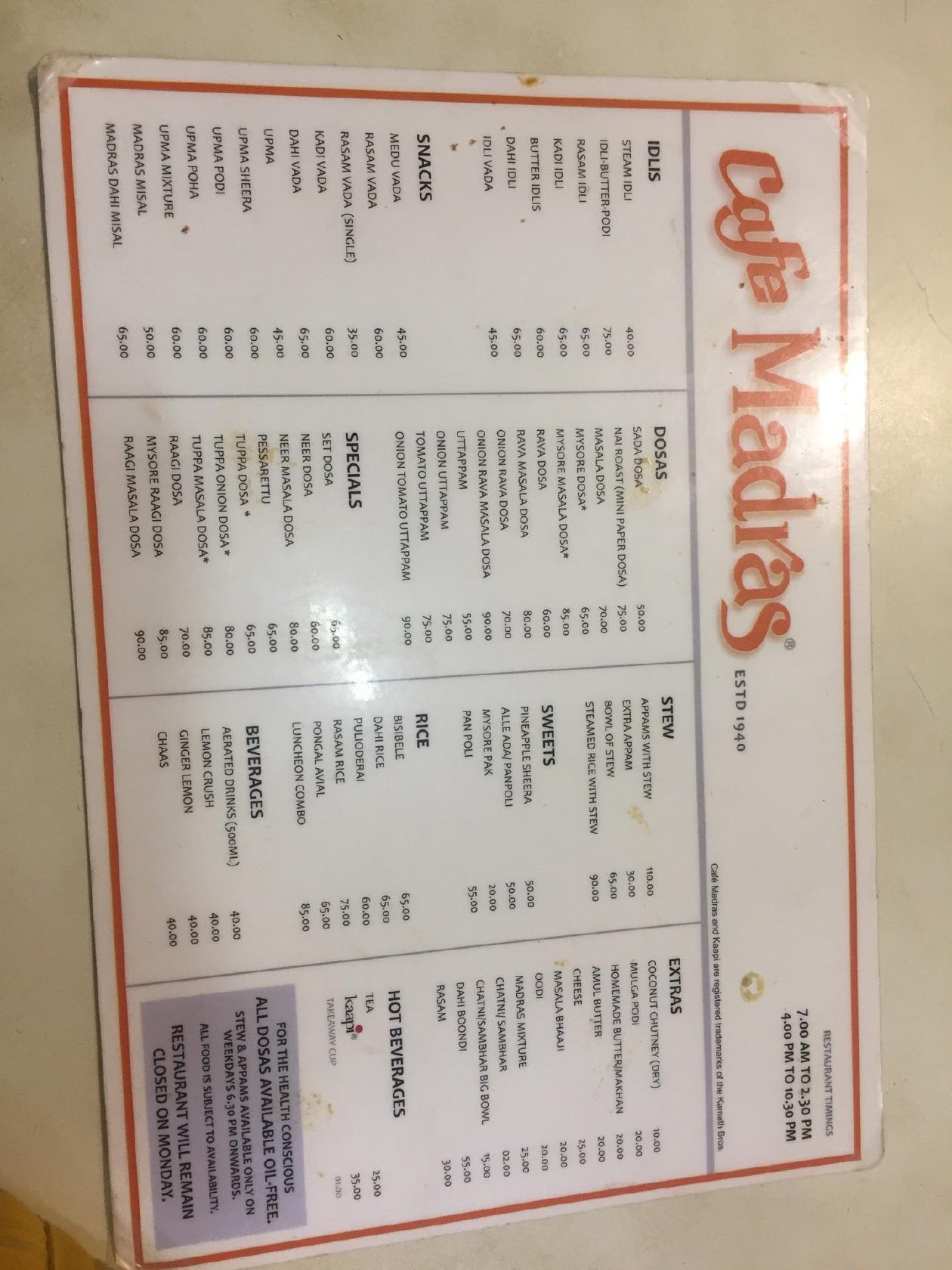 Menu at Cafe Madras, Mumbai, GROUND FLOOR KAMAKSHI BUILDING