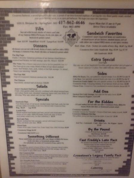 Menu at Crosstown Barbecue, Springfield